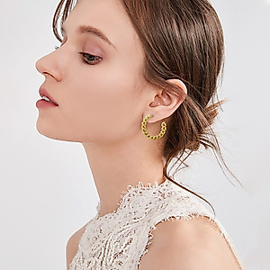 Gacimy Twisted Gold Hoop Earrings for Women 14K Real Gold Plated, 925 Sterling Silver Post Chunky Hoop Earrings for Women, 25mm Medium Braided Hoop Earrings