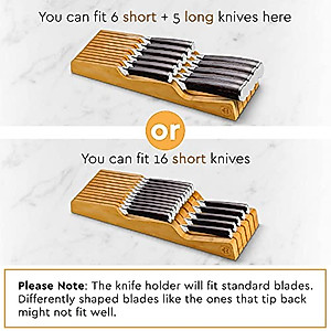 In-Drawer Knife Block Organizer - Bamboo Wood Drawer Knife Organizer - Holds 5 Long + 6 Short Knives (Not Included) - Store Knives with Blades Pointing Down
