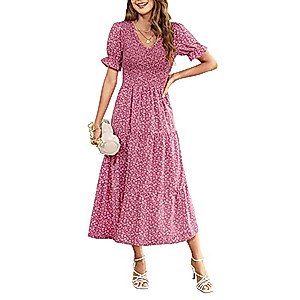 Kranda V Neck Short Puff Sleeve Smocked Ruffle Floral Midi Dress Dusty Rose XS