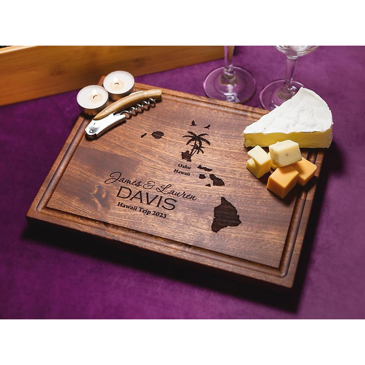 Straga Personalized Cutting Boards | Handmade Wood Engraved Charcuterie | Custom Wedding, Anniversary, Eloping Gift for Couples, Destination Wedding (Hawaiian Islands Design No.807)
