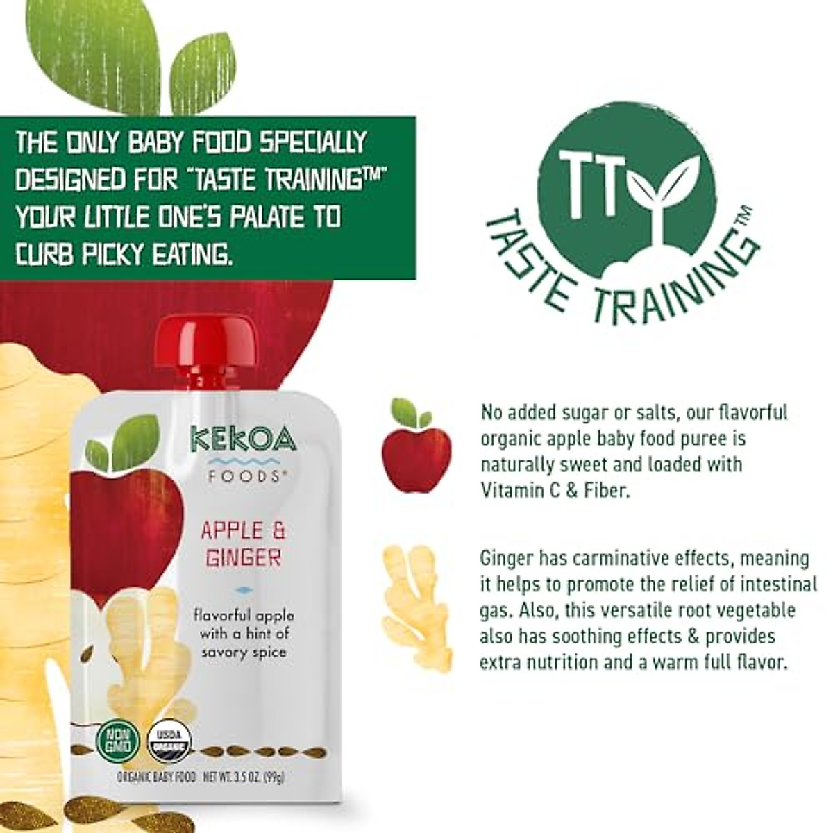 Kekoa Foods Apple & Ginger Baby Food Purée | 100% USDA Certified-Organic, No Sugar Added | Organic, Non-GMO, Gluten-Free, Vegan | Mild Ginger for Flavor Development | 3.5 oz Squeeze Pouch