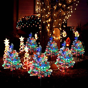 Windpnn Upgraded 4-Packs Solar Christmas Tree Pathway Lights Outdoor Christmas Decorations Waterproof, 8 Modes Solar Christmas Garden Stake Lights for Christmas Decorations Yard, Lawn, Pathway, Grave