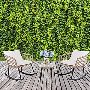 Patio Outdoor Boho Balcony Furniture Rocking Chairs Set,3-Piece Wicker Rattan Small Patio Conversation Rocking Chairs and Glass Table,3 Piece Chat Set with Waterproof Cushions