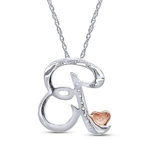 Jewel Zone US Two Tone Sterling Silver Natural Diamond Accents A - Z Initial & Heart Pendant Necklace