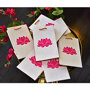 Desi Favors Lotus Gift Bags - Lotus Printed Paper Gift Bags for Christmas Weddings Birthdays Pooja/Puja Return Gifts Shagun Gift Bags - 7.4x4.7x3.14 Inch (Pack of 8)