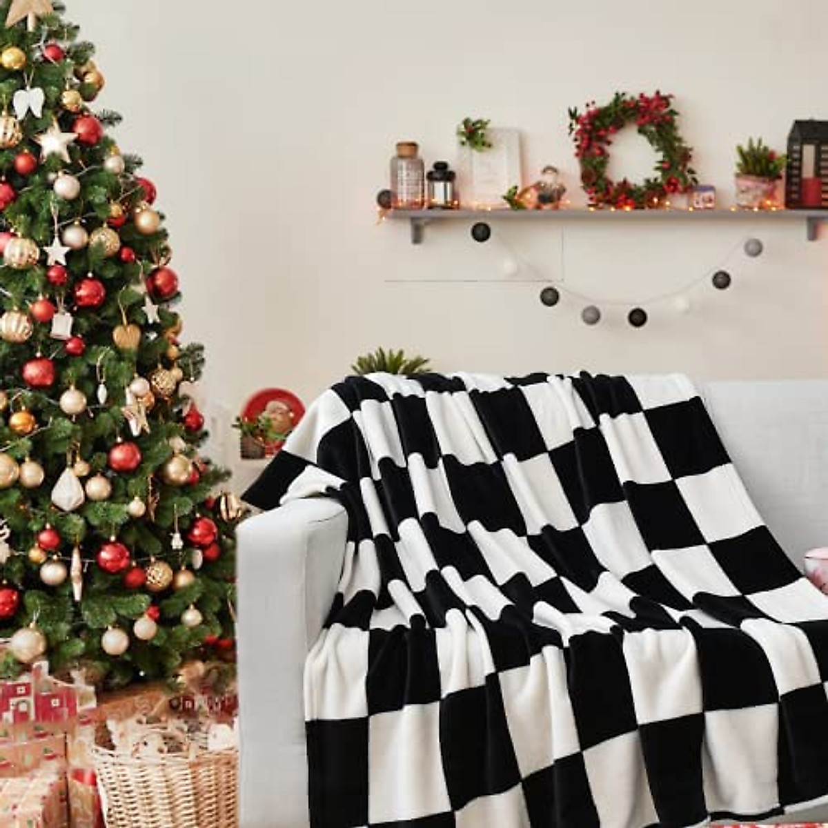 Vessia Large Flannel Fleece Plush Blanket Throw Size(50"x70") - Black and White Checker Lightweight Blanket - 300GSM Soft Cozy Comfy Microfiber Checkboard Blanket for Sofa,Couch,Bed,Chair