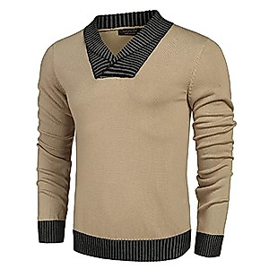 COOFANDY Mens Shawl Collar Knitted Sweater Casual Long Sleeve Pullover Khaki