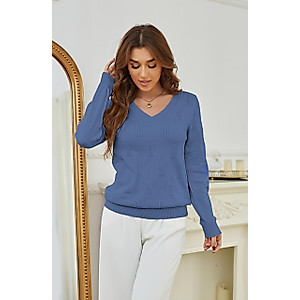Women's Fall V Neck Casual Long Sleeve Ribbed Knit Sweater Ladies Pullover Sweater Jumper Tops (Blue,M)
