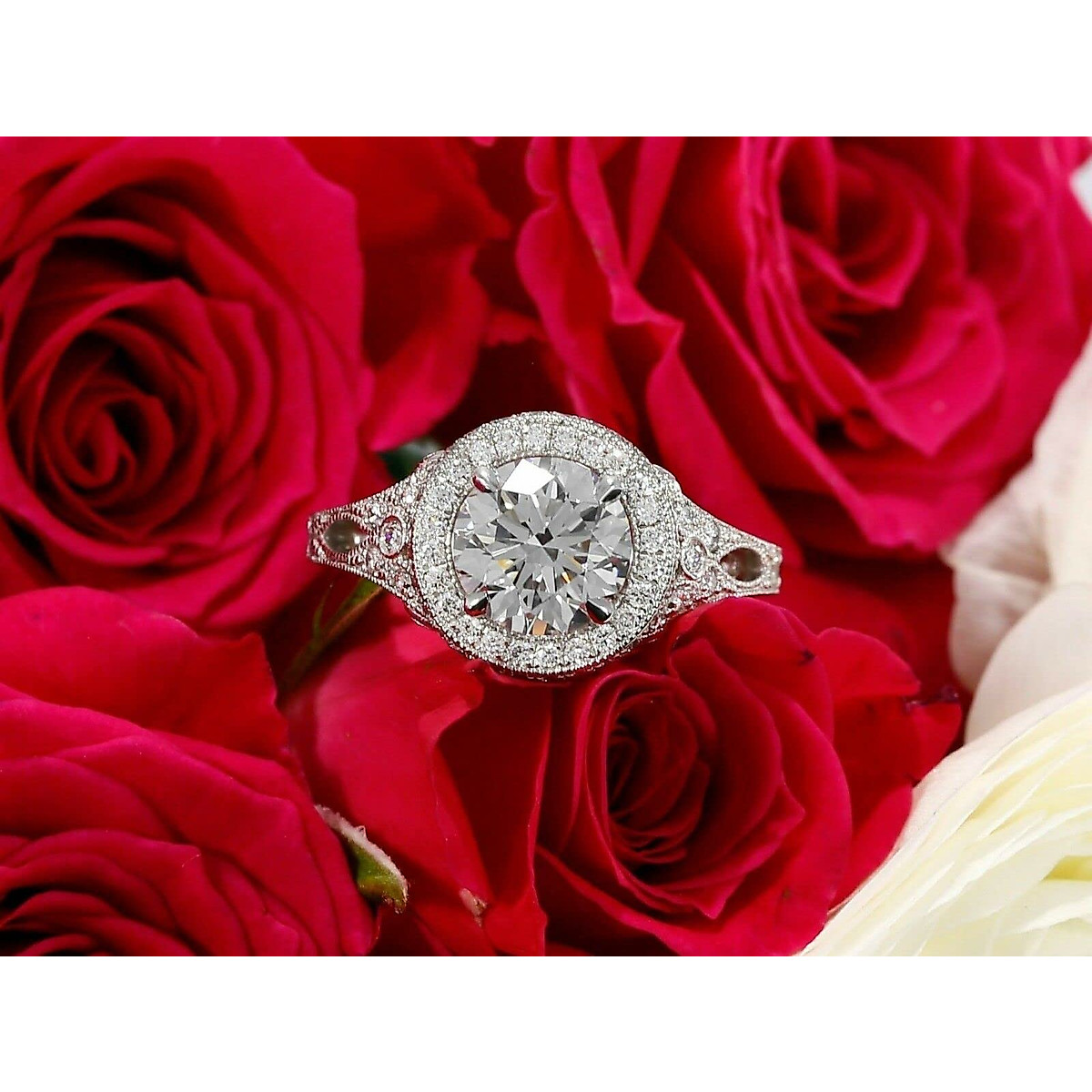 BeBold 2.5ct Round Cut Simulated Diamond CZ Halo Milgrain Engagement Ring for Women White Gold Plated Stylish