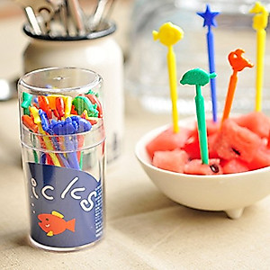 MXY Colorful Food Fruit Picks for Bento Box Cake Snack Forks Resuable Cute Design Hippo Fish Crab Turtle Starfish Set of 20 Pieces Pack of 2 Round Boxes