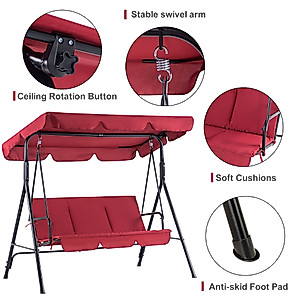 MCombo 3-Person Outdoor Patio Swing Chair, Convertible Canopy Hanging Swing Glider Lounge Chair, Removable Cushions, 4003 (Red)