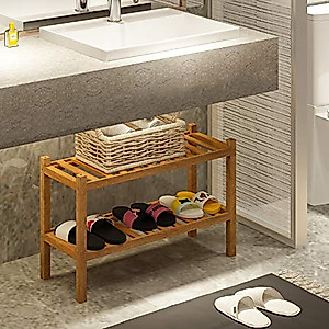 INTERBUILD Acacia Solid Wood Shoe Storage Organizer 2-Tier Stackable Shoe Rack, Golden Teak