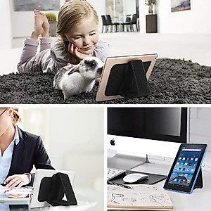 FINTIE Universal Tablet Hand Strap Holder - [Dual Stand Supports] Detachable Padded Hook & Loop Fastening Handle Grip with Adhesive Patch for iPad/Galaxy Tab and All 7-11" Tablets, Black
