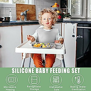 3 Sets Baby Led Weaning Supplies, Silicone Baby Feeding Set with Divided Plate Adjustable Bib Suction Bowl with Lid Snack Cup Soft Spoon Fork, Self Eating Utensil (Light Blue, Light Green, Light Gray)