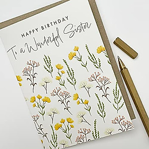 Old English Co. Happy Birthday Card for Wonderful Sister from Brother or Sister - Cute Floral Design with Gold Foil - Colourful Artistic Sister Birthday Cards | Blank Inside with Envelope
