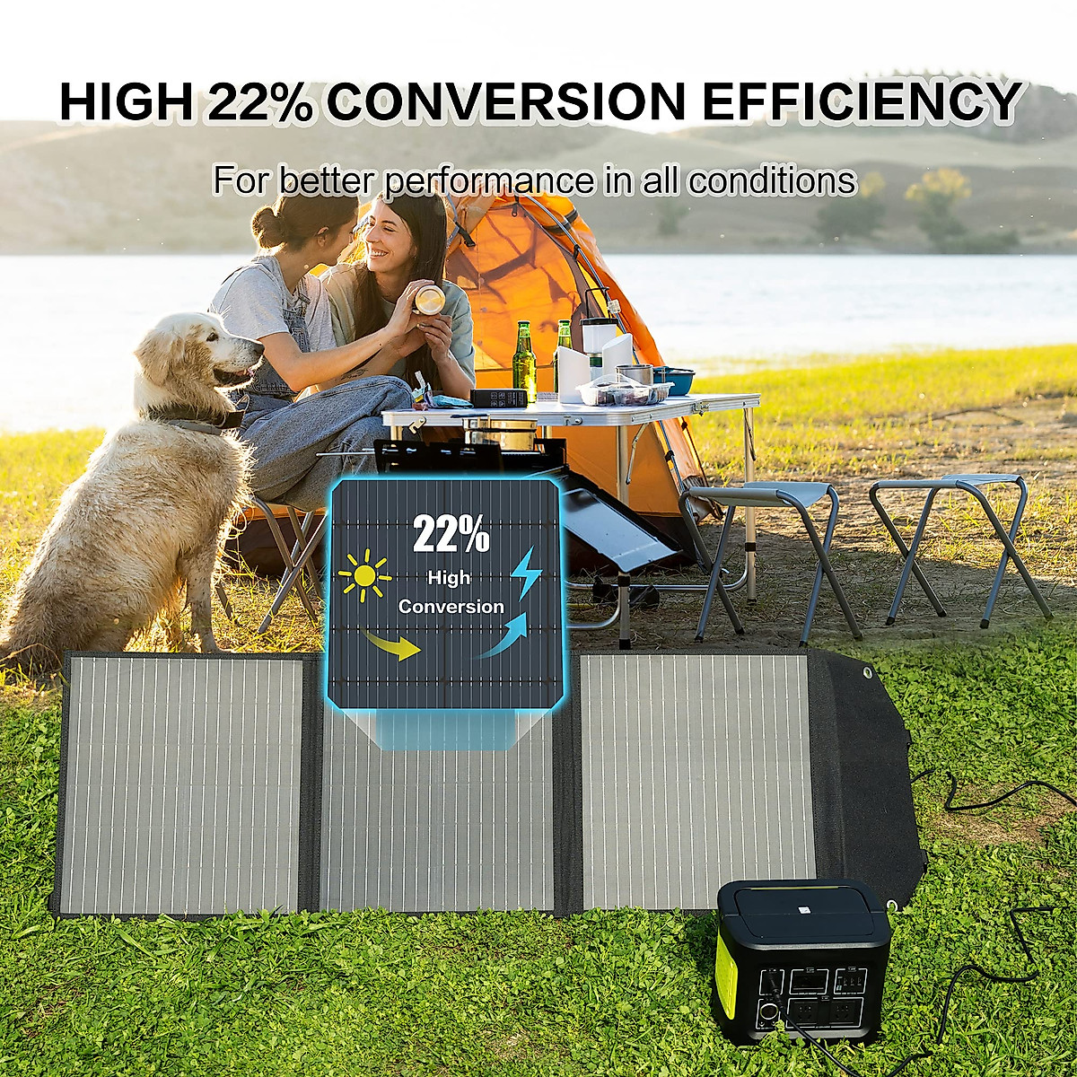 JJN 18V 100W Portable Solar Panel Foldable Solar Panels Bulit-in Charge Controller Mono. Solar Charger with PD 60W USB/Type-C/DC/QC 3.0 for Portable Power Station Outdoor Camping Van RV Trip