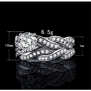 LRGKMCWTOB 2-in-1 Womens 925 Solid Sterling Silver Matching Bridal Set Wedding Engagement Rings Clear Round Cubic Zirconia Engagement Promise Bridal Silver Band Fashion Cute (US 7)