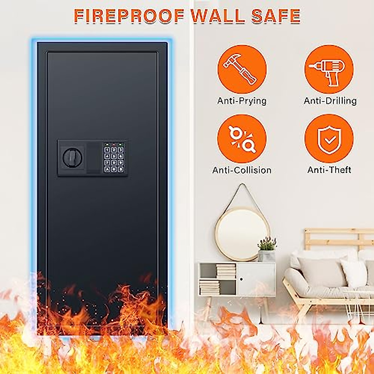33.46" Tall Fireproof Wall Safes Between the Studs 16" Centers, Electronic Hidden Safe with Removable Shelf, Home Safe for Firearms, Money, Jewelry, Passport