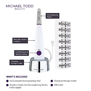 Michael Todd Beauty - Sonicsmooth – SONIC Technology Dermaplaning Tool - 2 in 1 Women’s Facial Exfoliation & Peach Fuzz Hair Removal System with 8 Weeks of Dermaplaning Blades