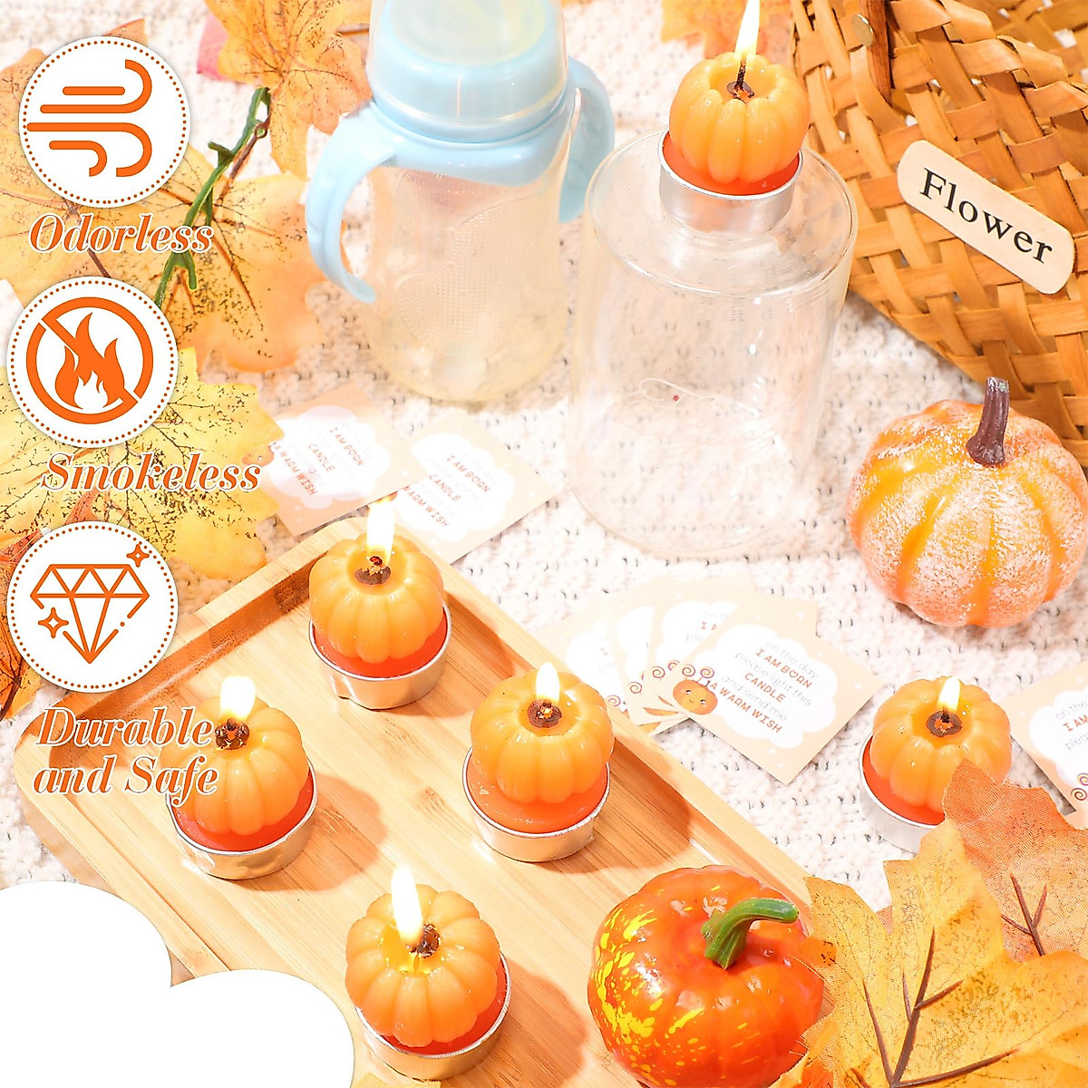 MTLEE 48 Sets Baby Shower Favors Include 48 Succulent Pumpkin Shaped Candles Fall Mini Plants Tea Lights Candles with 48 Invitations Cards and 48 Organza Bags for Baby Gender Reveal Guests(Pumpkin)