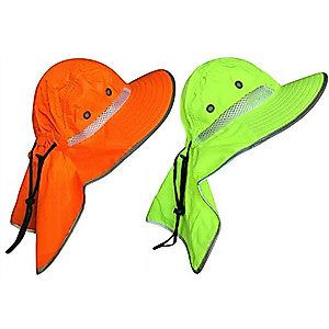Men High Visibility Sun Hat with Neck Flap Wide Brim Boonie Hat Bucket Cap Packable Adjustable (2PCS (Orange+Lime))