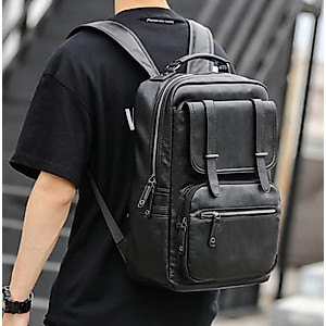 HKZHITOU Laptop Backpack For Men Vintage Leather College Backpack Black Travel Waterproof Bags Fit 16 Inch Notebook