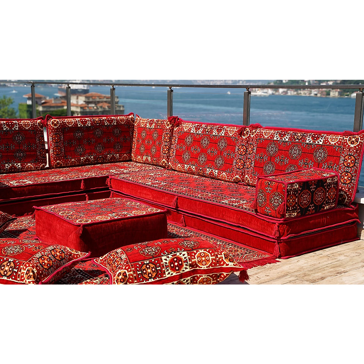 Red L Shaped Corner Arabic Sofa Seating, Arabic Majlis, Sectional Sofas, Moroccan Livingroom Home Decor, Turkish Floor Sofas (L Sofa Full Set)