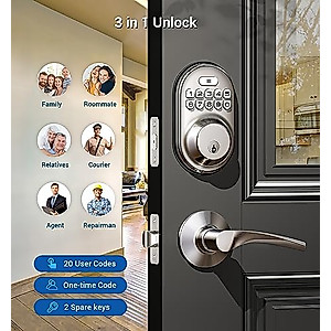 Veise Keyless Entry Door Lock with 2 Lever Handles - Electronic Keypad Deadbolt, Auto Lock, Back Lit & Easy Installation Design, Front Door Handle Sets, Satin Nickel