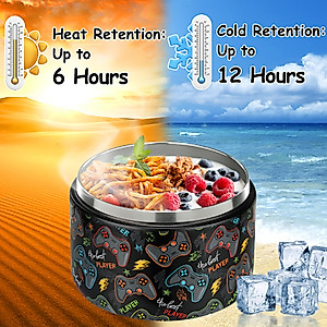 Pawtong 12oz Insulated Vacuum Food Jar with Buckle Lid Wide Mouth Soup Thermo for Hot Food Kids Leakproof Stainless Steel Lunch Container (Black-Game)