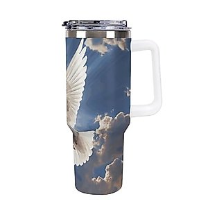 LLUTSNTH 40 Oz Vacuum Tumbler with White Handle Leakproof Insulated Tumbler Dove Sky Stainless Steel Travel Mug with Lid And Straw Coffee Cup Cute Water Bottles Cup Holder Friendly