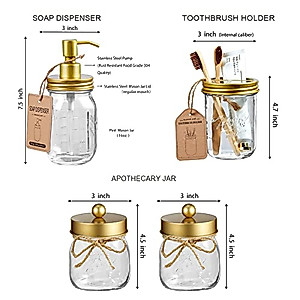 Premium Mason Jar Bathroom Accessories Set (6PCS) - Lotion Soap Dispenser,Toothbrush Holder,2 Apothecary Jars, Soap Dish Tray,Storage Organizer Basket Bin - Rustic Farmhouse Home Decor (Gold)