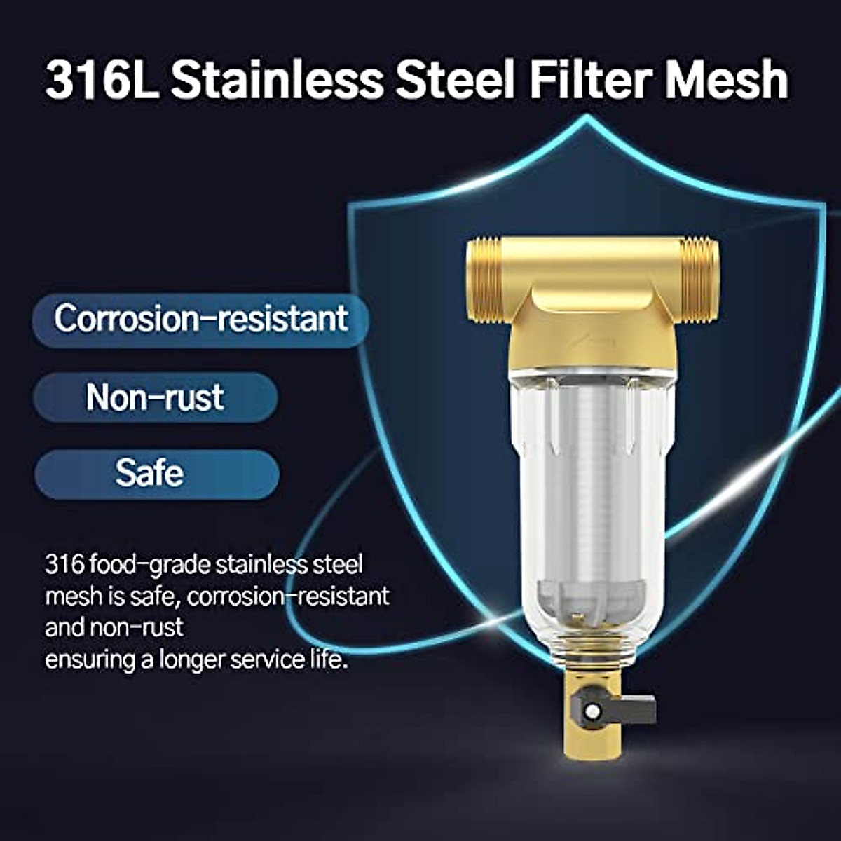 Besdor Swater 1 Spin Down Sediment Filter For Well Water, Reusable Whole House Pre-Filter System, 40 Micron, 316L Stainless Steel Mesh, Solid Lead-Free Brass, 1” MNPT + 3/4” FNPT + 3/4" MNPT