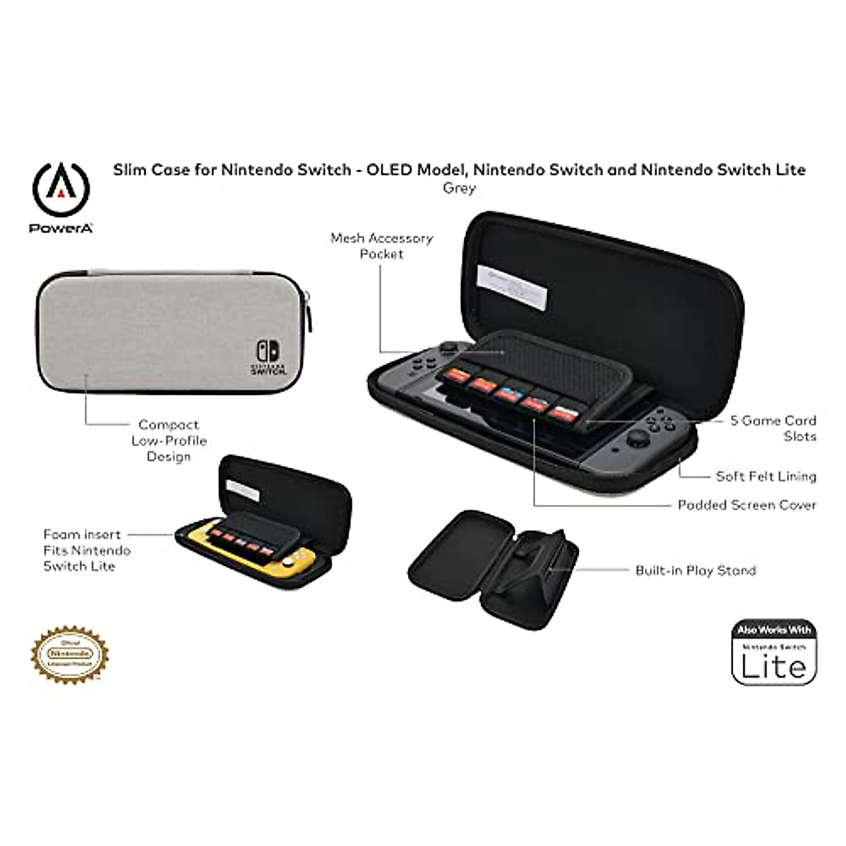 PowerA Slim Case for Nintendo Switch - OLED Model, Nintendo Switch or Nintendo Switch Lite - Grey, Protective Case, Gaming Case, Console Case, Accessories, Storage, Officially licensed