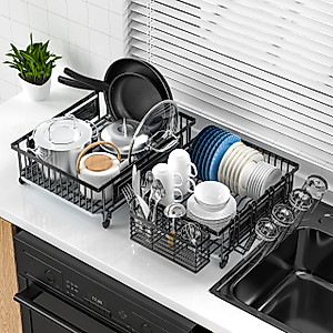 Cisily 2 Pack Dish Drying Rack, Extra Large Dish Rack Kitchen Counter - Countertop, Black Metal Dish Drainer with Drainboard, Sink - Dishes Racks Organizer Set & Home Organization Household Essentials