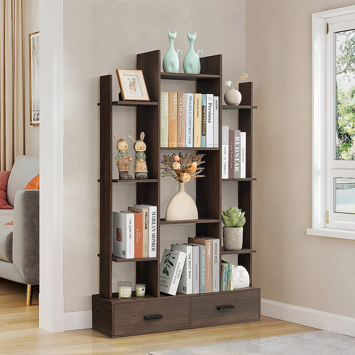 WEENFON Unique Bookcase with 1 Large Drawer, Tree-Shaped Bookshelf with 12 Storage Shelves, Open Standing Ladder Shelf, Bookshelf for Bedroom, Living Room, Office, Dark Brown