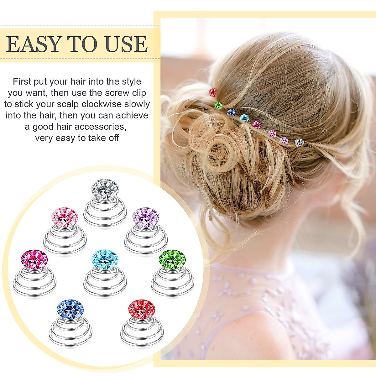 Xinnun 48 Pieces Rhinestone Hair Clips, Spiral Twist Hairpins with Rhinestone Crystal Metal Base, Hair Accessories for Wedding Bridal Prom Party, 1.4 cm/ 0.6 inches Diameter, 48 Pieces