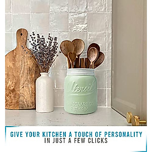 Comfify Wide Mouth Mason Jar Utensil Holder Decorative Kitchenware Organizer Crock, Chip Resistant Ceramic, Dishwasher Safe - Kitchen Caddy Green, Large Size 7" High