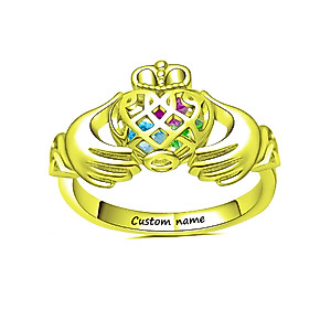 Personalized Birthstone Rings Irish Claddagh Ring Heart Shaped Caged Locket Rings Sterling Silver Engraved Bands With Names for Girls Women Love Wedding