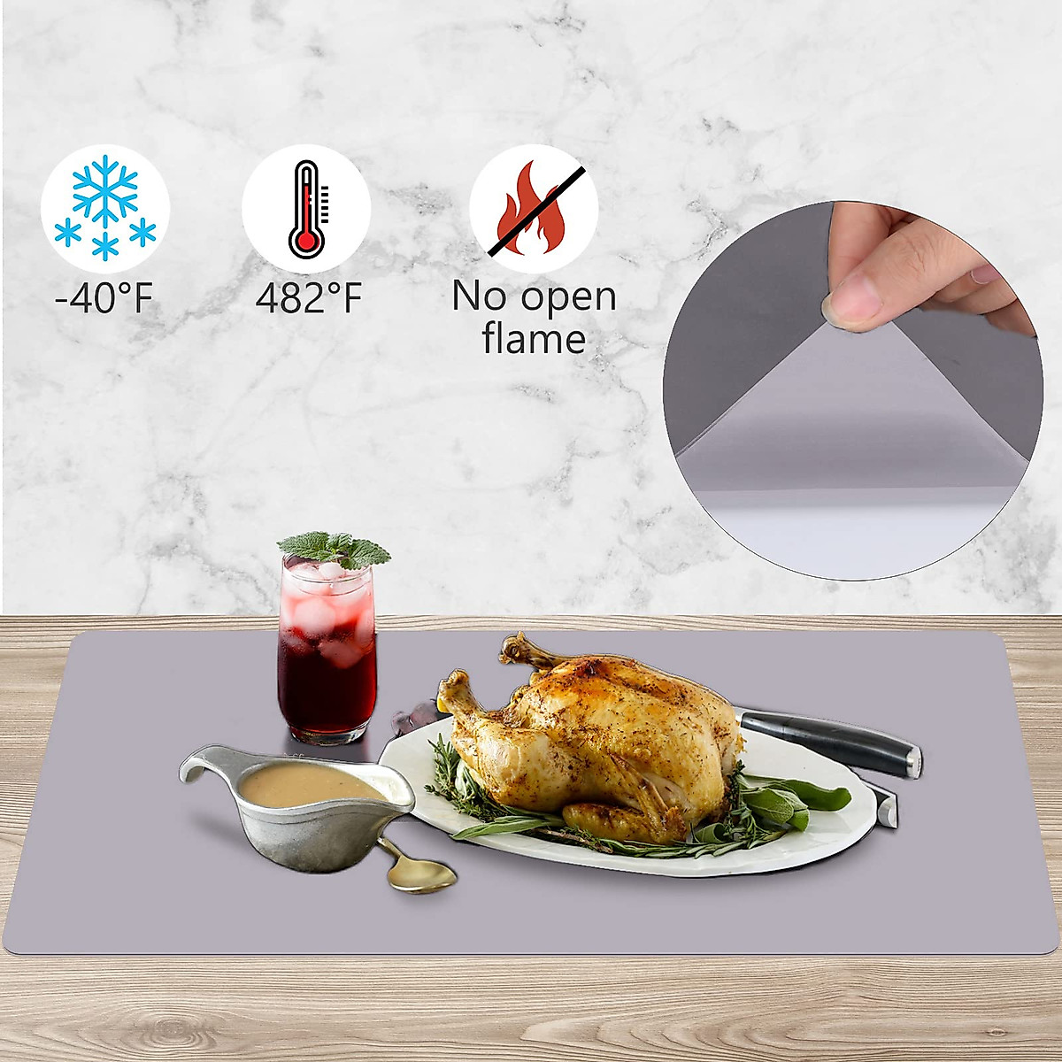 Tsshmhwl 27.6" x 19.8" Large Silicone Kitchen Counter Mat, Placemat Non-Slip Heat Resistant Mat, Air fryer，Oven Microwave, Cutting Board, Coffee Maker, 1MM Thick Countertop Protector (grey)…