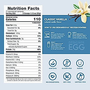 Designer Wellness, Designer Egg, Natural Egg Yolk & Egg White Protein Powder, Keto and Paleo Friendly, Low Calorie, Less Fat and Cholesterol, Classic Vanilla, 1.55 Pound
