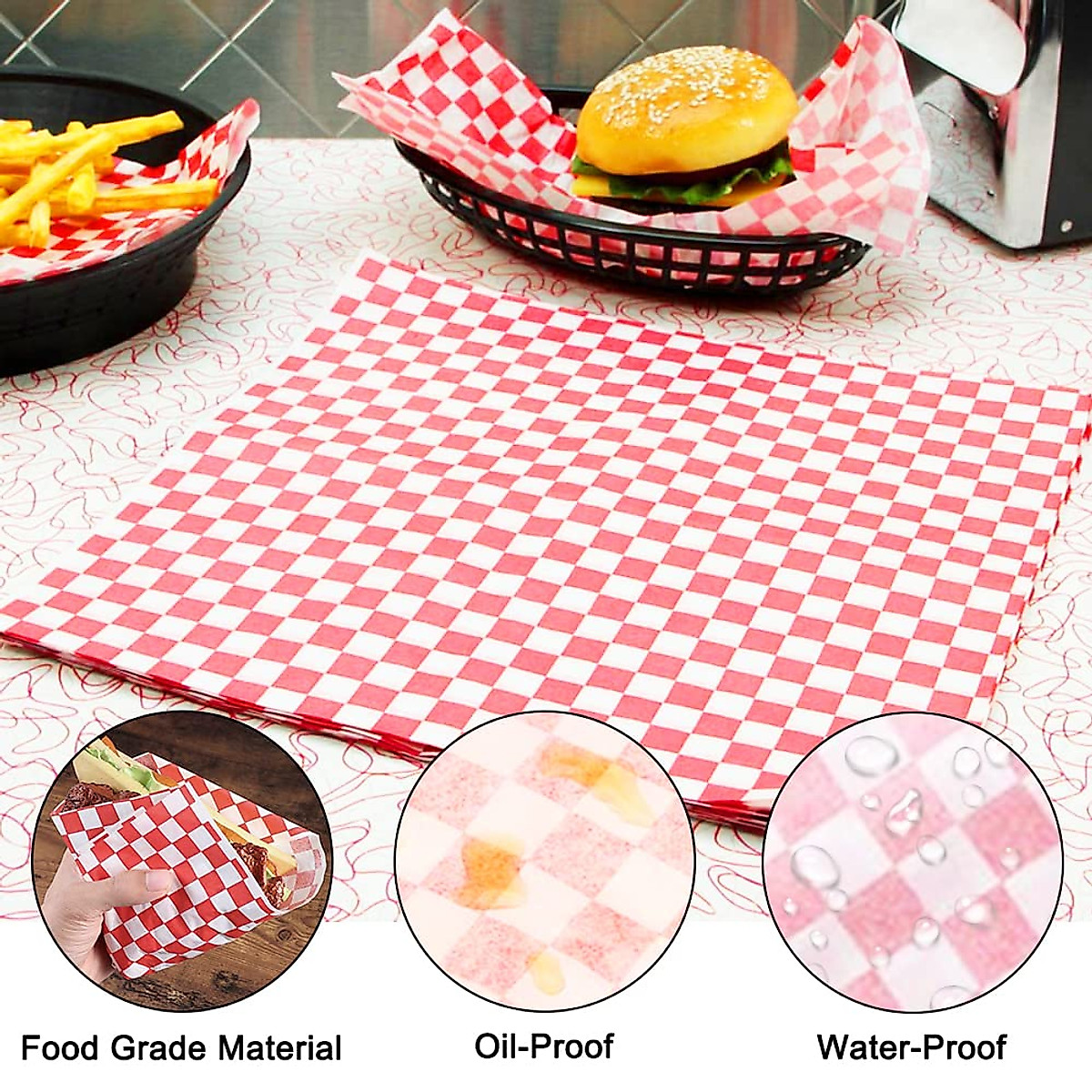 FHDUSRYO 100 Sheets Checkered Dry Waxed Deli Paper Sheets, Grease Resistant Checkered Basket Liner with 24 Popcorn Favor Boxes, Red and White Sandwich Paper Wraps for Party, Picnic (11x10.2inch)