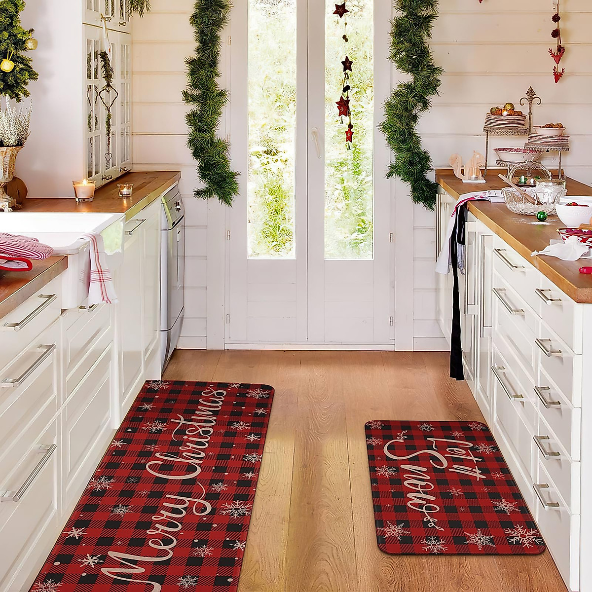Alishomtll Christmas Kitchen Mats for Floor 2 Pieces, Non Slip Absorbent Kitchen Rugs Washable for Christmas Decor, Red Checkered Christmas Door Mat and Rug, 17''x47''+17''x29''