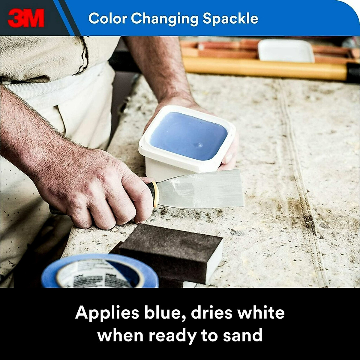 3M High Strength Spackling Compound 12 oz. and Putty Knife, Color Changing, Applies Blue, Dries White, Ideal for Use on Drywall, Plaster, Stoccu and Wood, Easy Interior and Exterior Repairs (CC-SIOC)
