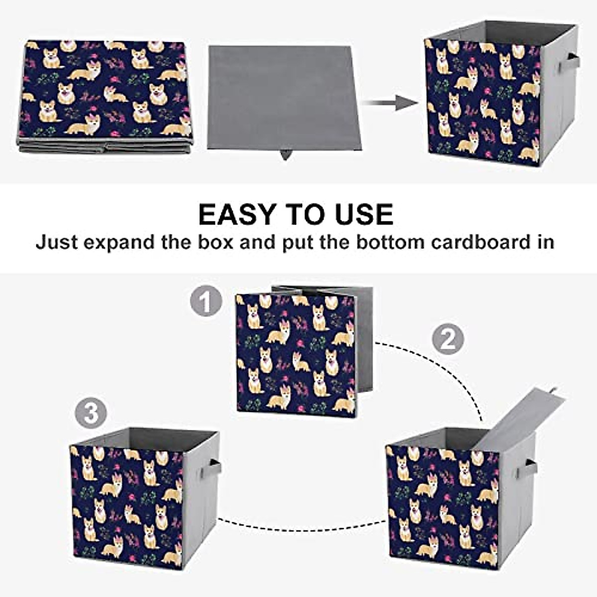 Corgi's Dog Storage Bins Cubes Foldable Fabric Organizers with Handles Clothes Bag Book Box Toys Basket for Shelves Closet 10.6"