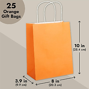 BLUE PANDA 25-Pack Orange Gift Bags with Handles - Medium Size Paper Bags for Birthday, Wedding, Retail (8x3.9x10 In)