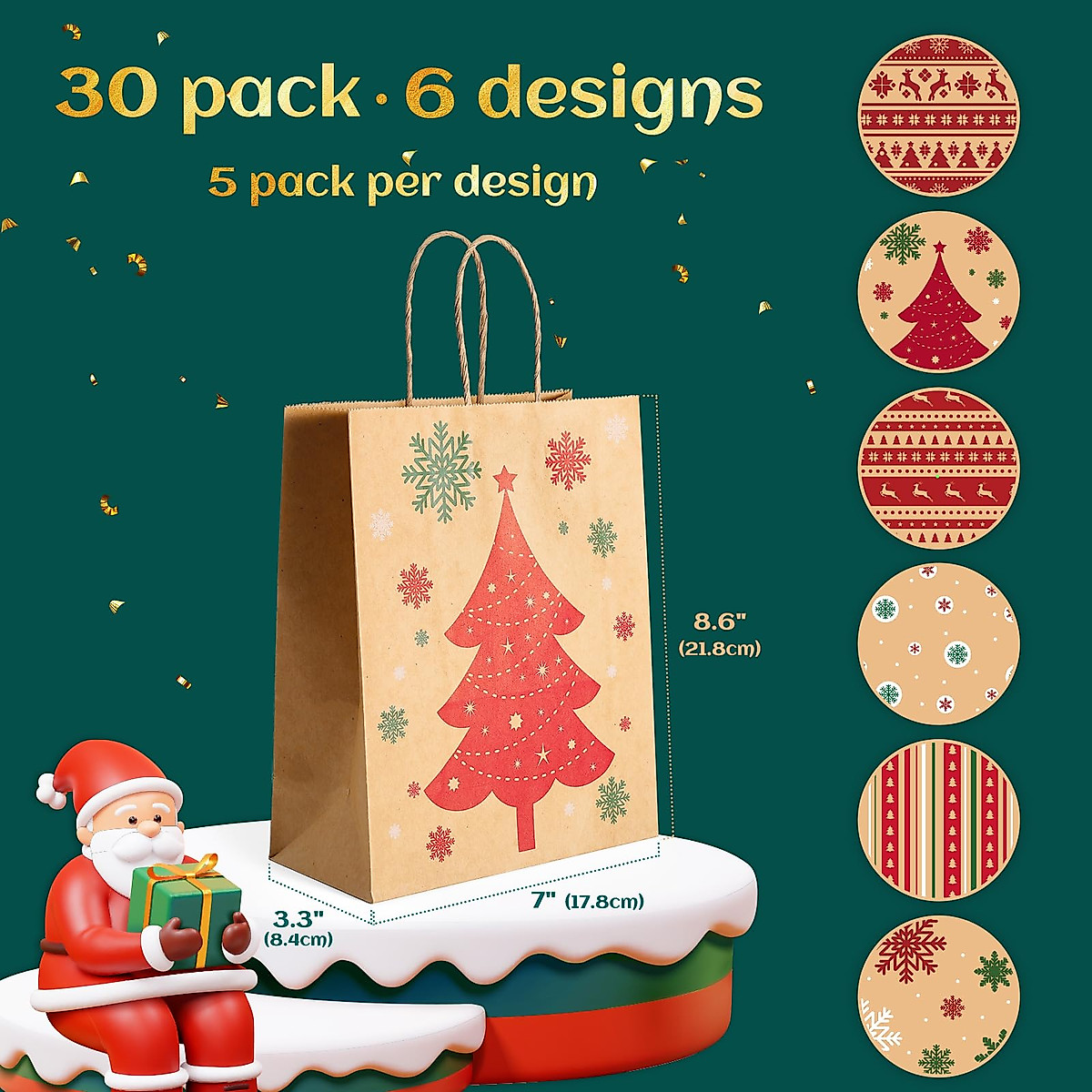 GSSUSA 30 Pack Christmas Gift Bags 7x8.6x3.3'' Paper Bags with Handles Bulk, Assorted Designs Christmas Craft Bags,Sturdy Xmas Party Favors Bags, Holiday, Goodie, Treat Bags, Retail Shopping bags