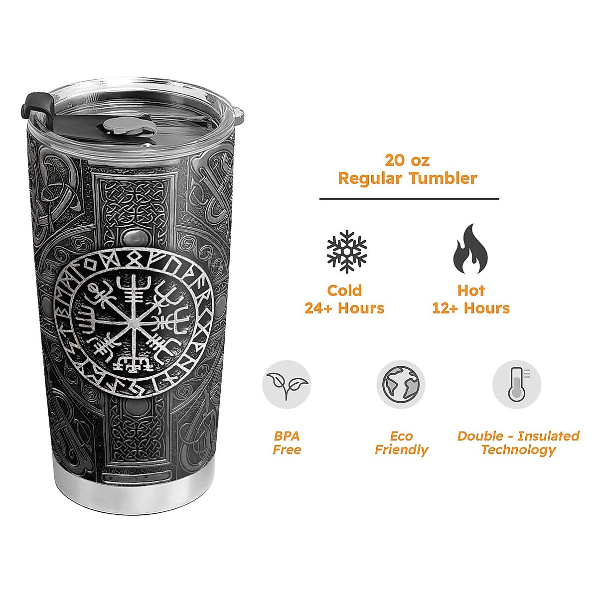 20oz Viking Gifts for Men, Norse Mythology Gifts, Valentines Day Gifts for Him, Birthday, Inspirational Gifts, Vegvisir Viking Symbol Tumbler Cup, Insulated Travel Coffee Mug with Lid