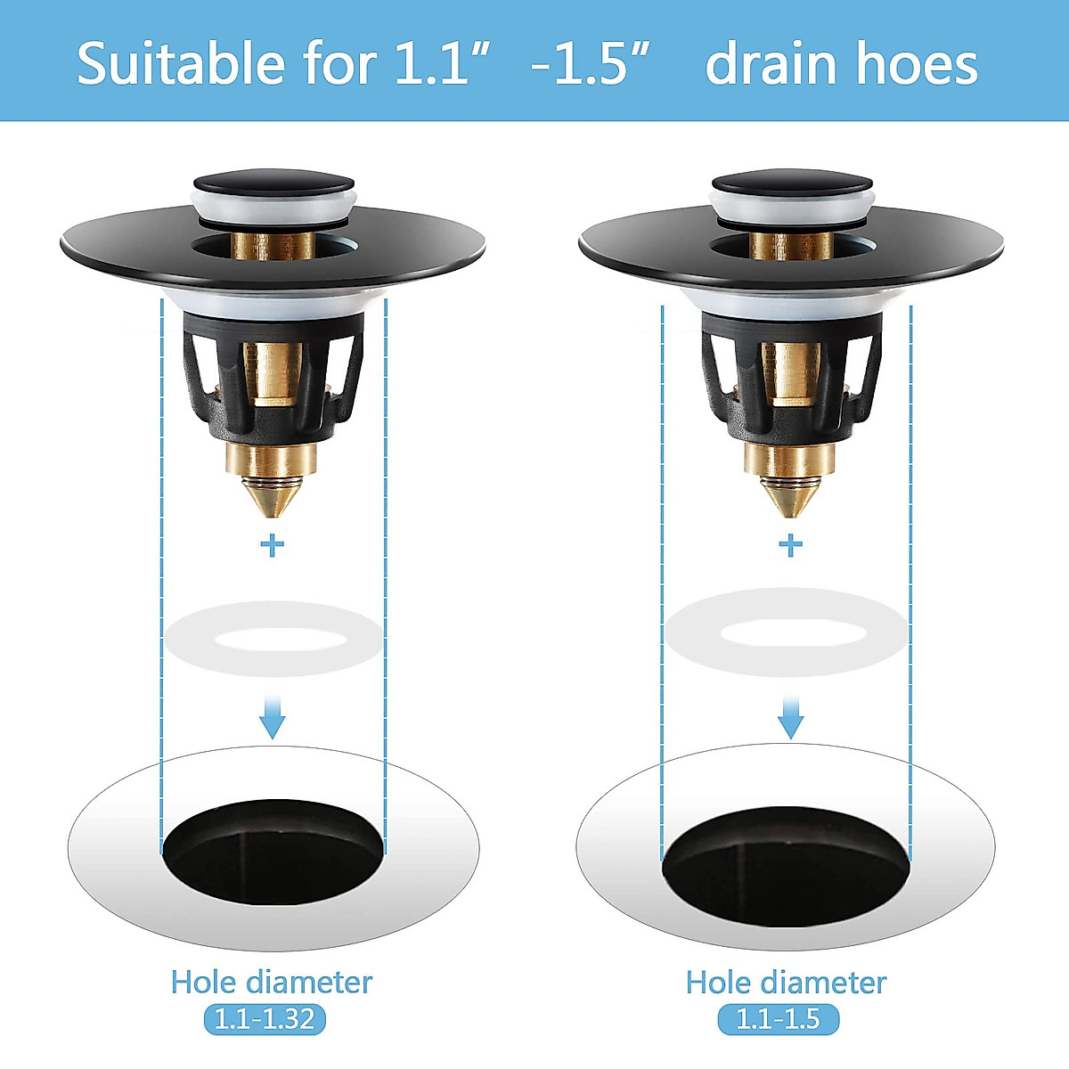 Black Bathroom Sink Stopper，Pop Up Drain Stopper for Bathroom Sink，Bathroom Sink Strainer ，Sink Plug,Universal Wash Basin Sink Stopper，Suitable for 1.1~1.5 Inch Bathroom Sink Drain Pipe (Matte Black)