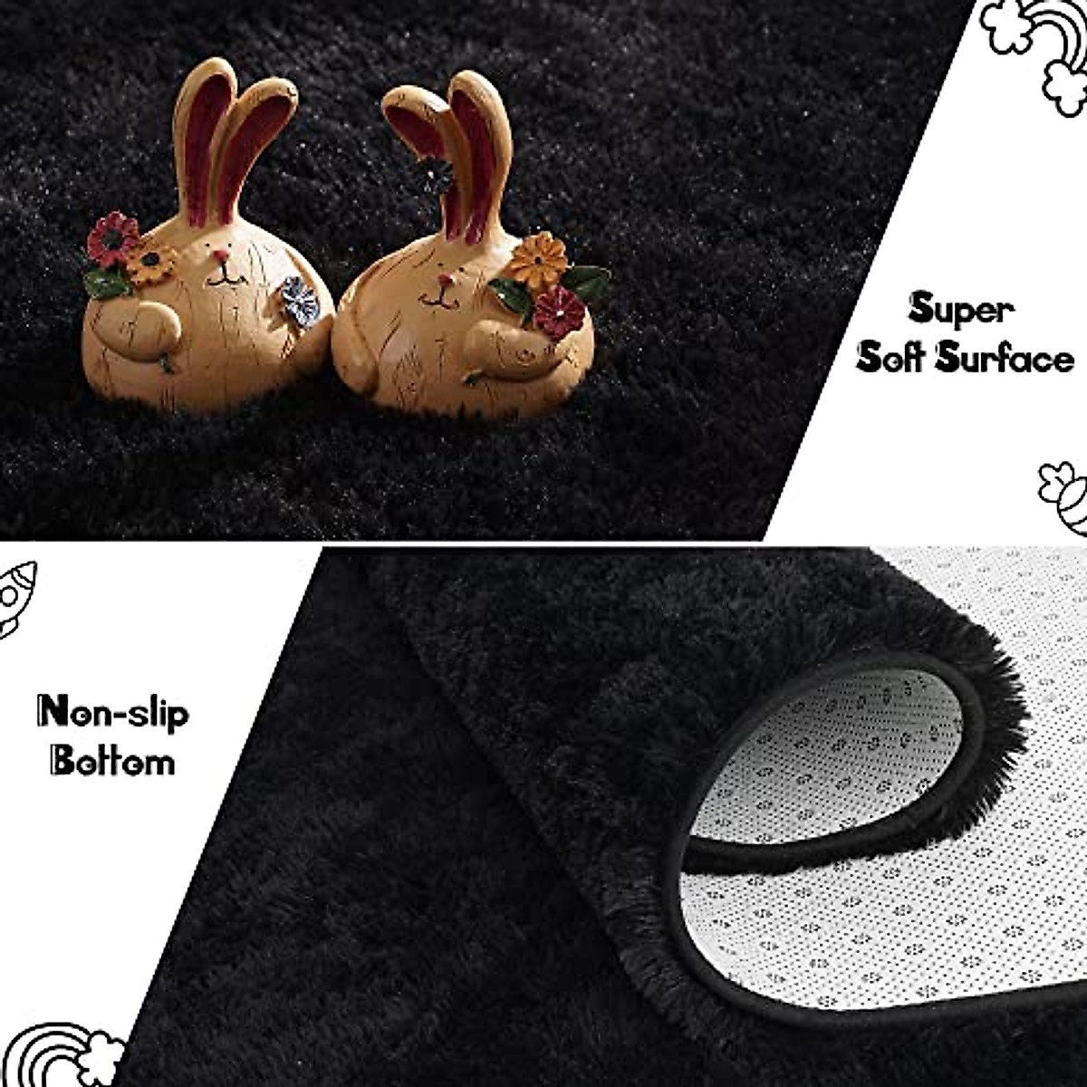 Tepook Super Soft Fluffy Rug for Bedroom, Modern Shaggy Rug Fuzzy Kids Rug for Living Room, Plush Indoor Nursery Home Decor Rug with Non-Slip Bottom, Black, 4 X 6 Feet