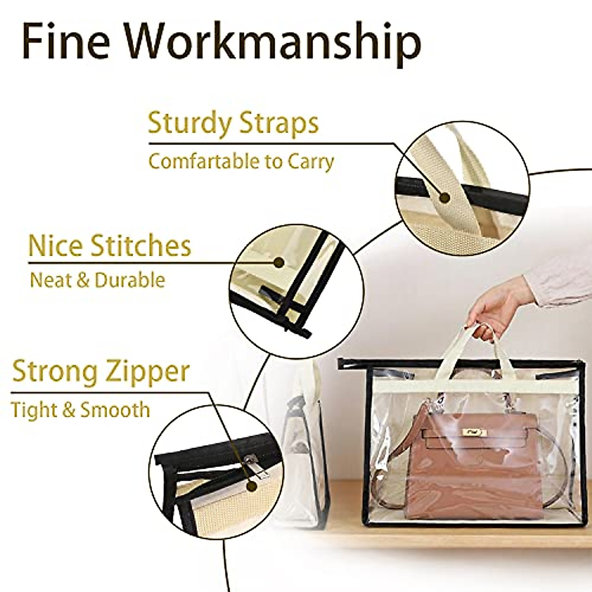 ENOCH Handbag Storage Organizer Dust Cover Bags for Handbag & Purse, Sturdy PVC Organizer for Wall Shelf & Closet, with Zipper and Handles(4 Pack,L)